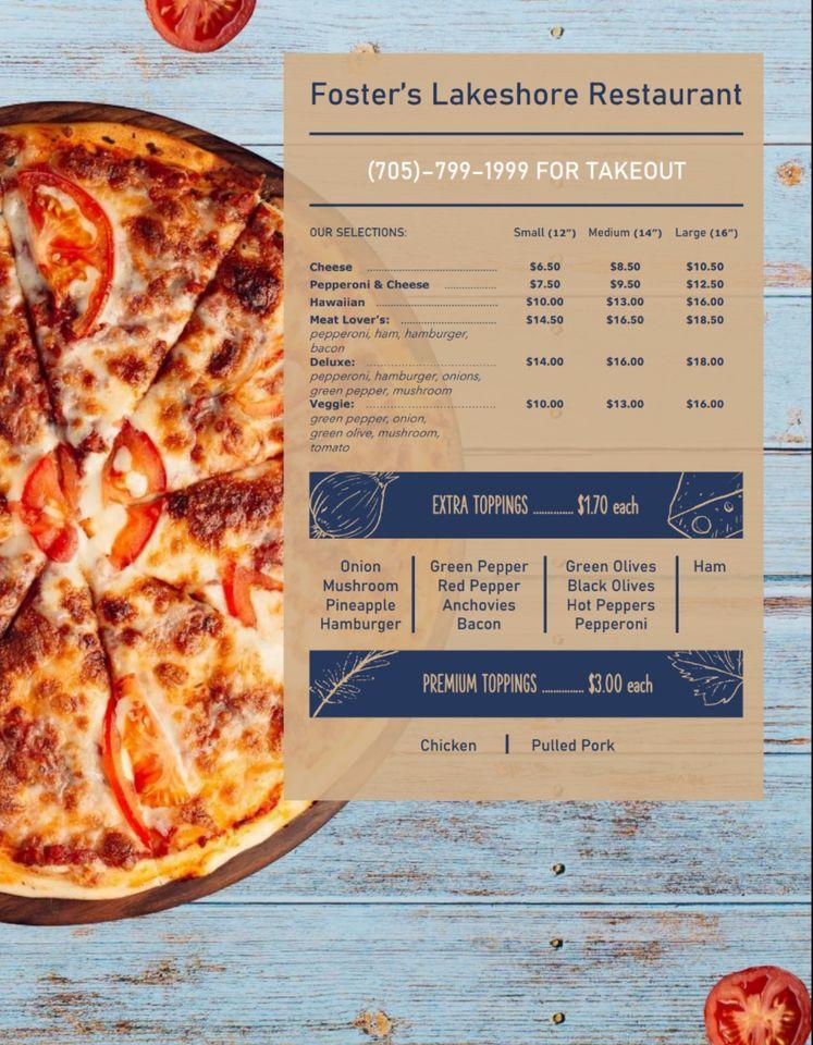 Menu at Foster's Lakeshore Restaurant, Kawartha Lakes