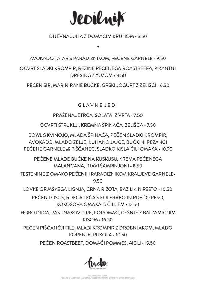 Menu at Fudo restaurant, Maribor