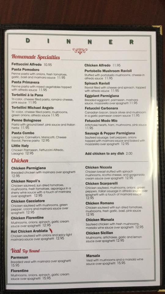 Menu at Napoli's Italian Restaurant, Carroll