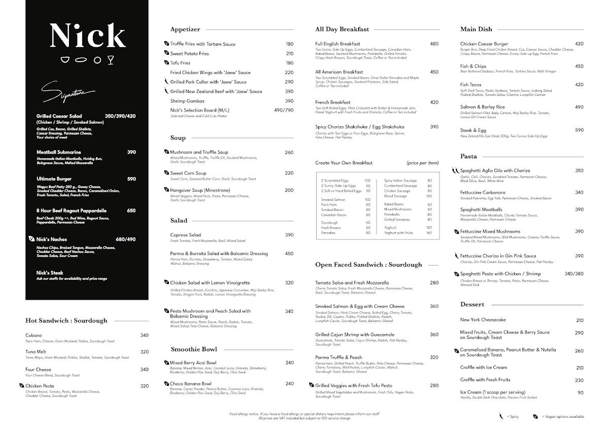 Menu at Nick cafe, Bangkok