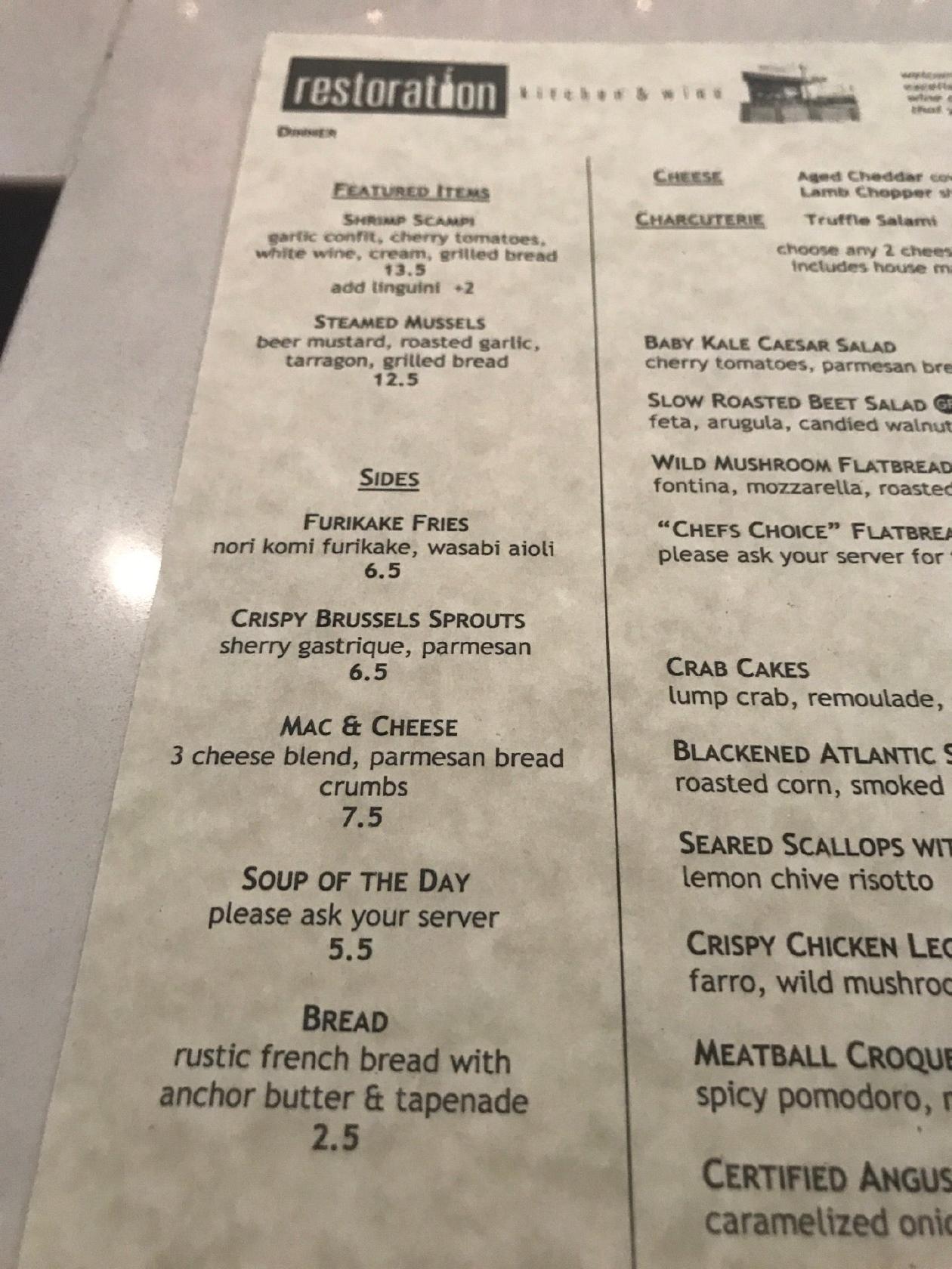 Menu at Restoration Kitchen & Wine pub & bar, Torrance