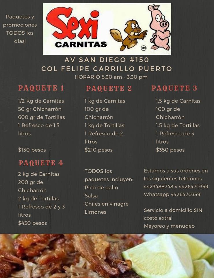 Menu at Sexy Carnitas restaurant, Santiago de Querétaro