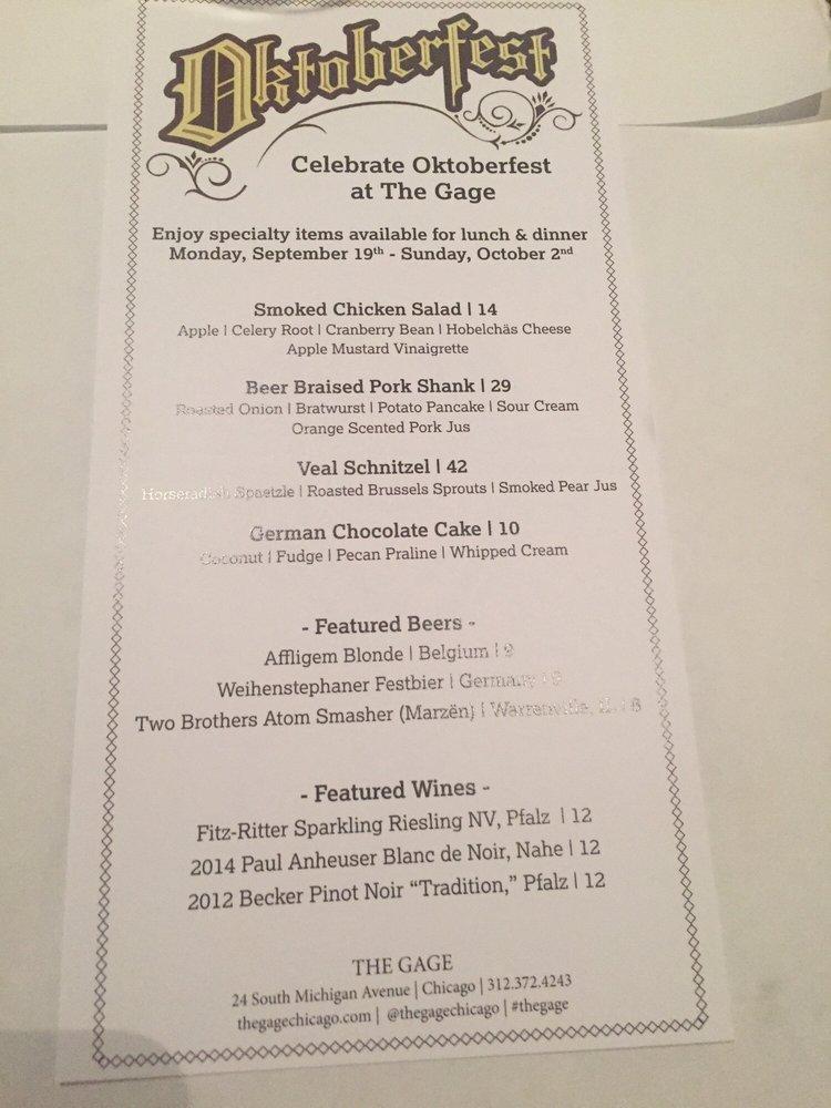 Menu at The Gage pub & bar, Chicago