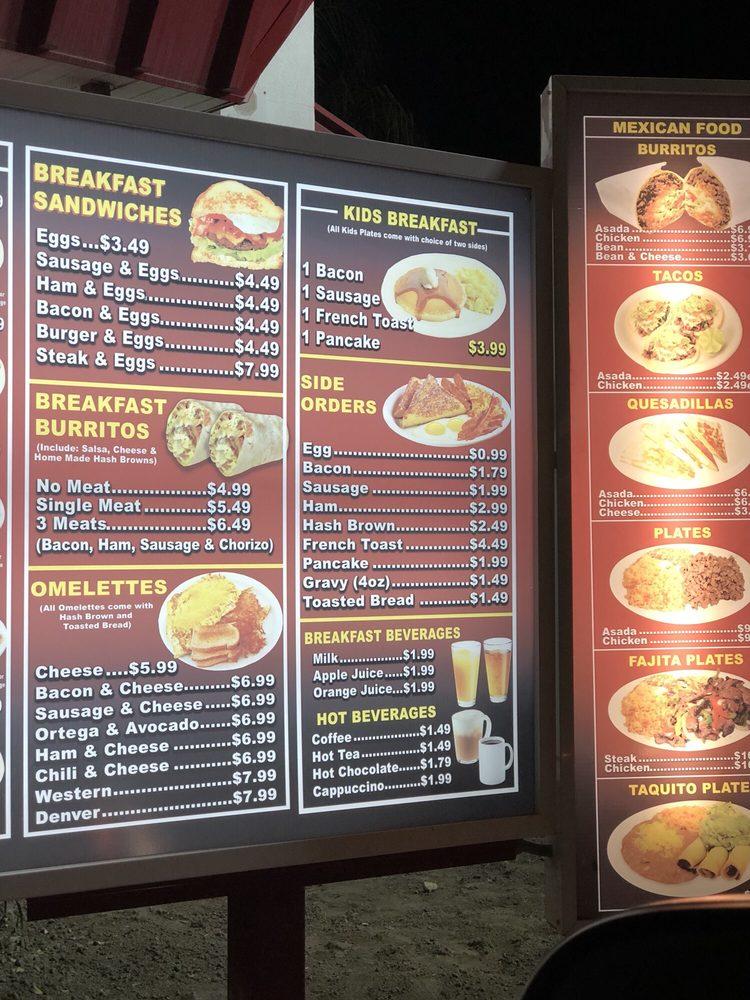 Menu at Tom's Burgers restaurant, Bakersfield