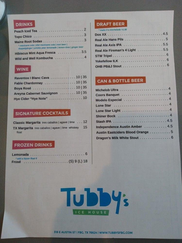 Menu at Tubby's Ice House restaurant, Fredericksburg