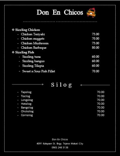 Menu at Don En Chicos pub & bar, Makati
