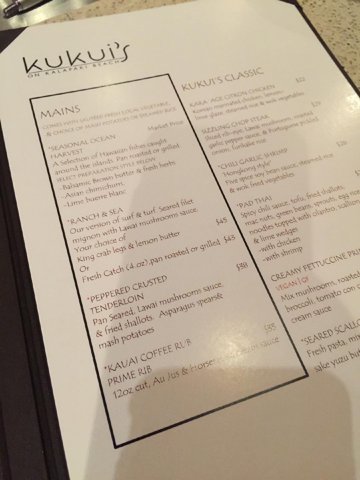 Menu at Kukui's on Kalapaki Beach restaurant, Lihue