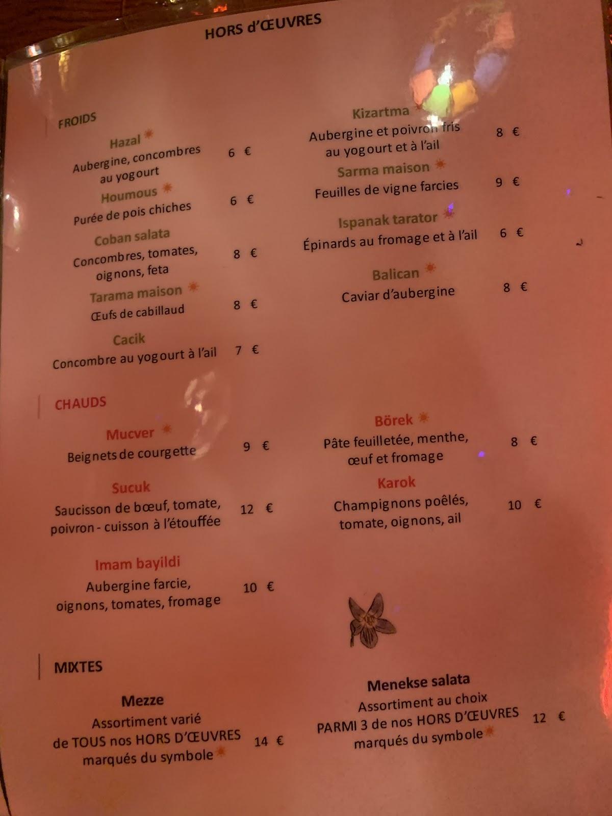 Menu au Menekse restaurant, Paris