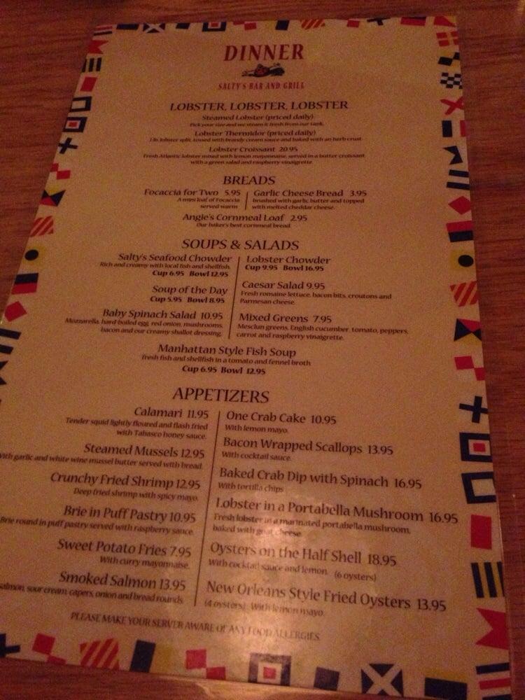 Menu at Salty's restaurant, Halifax