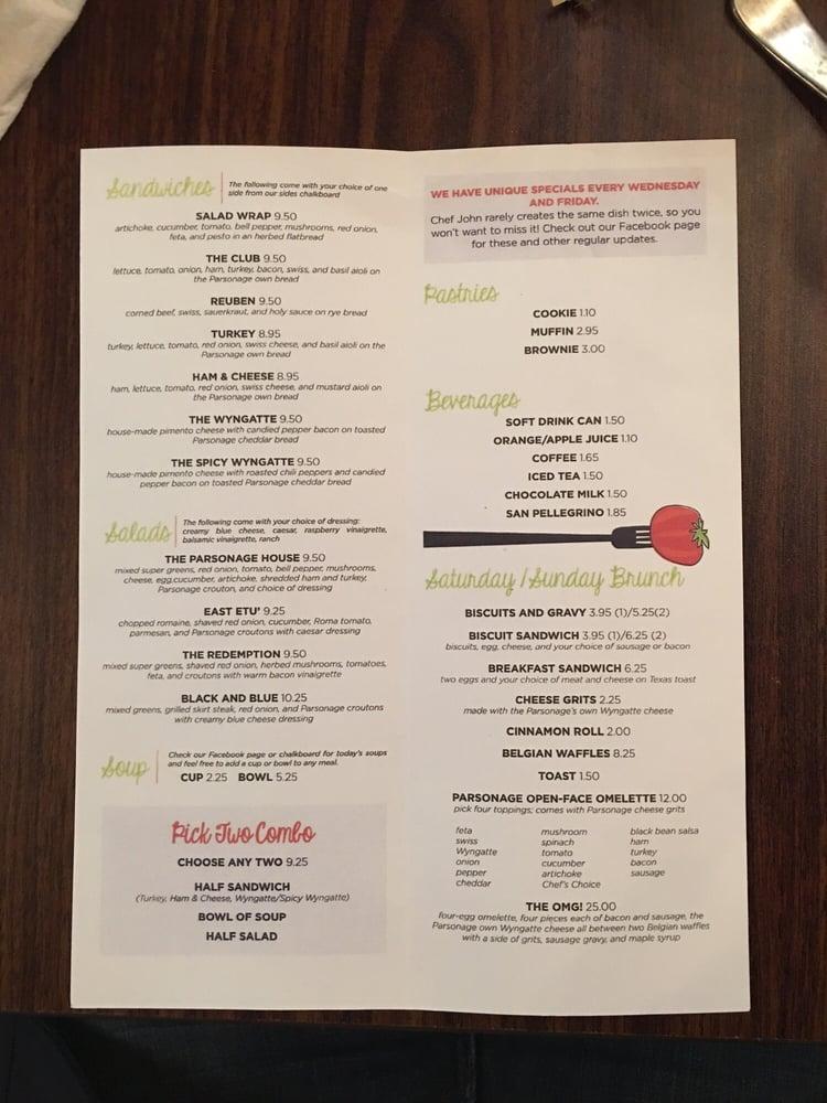 Menu at The Parsonage restaurant, Jonesboro, 305 S Main St