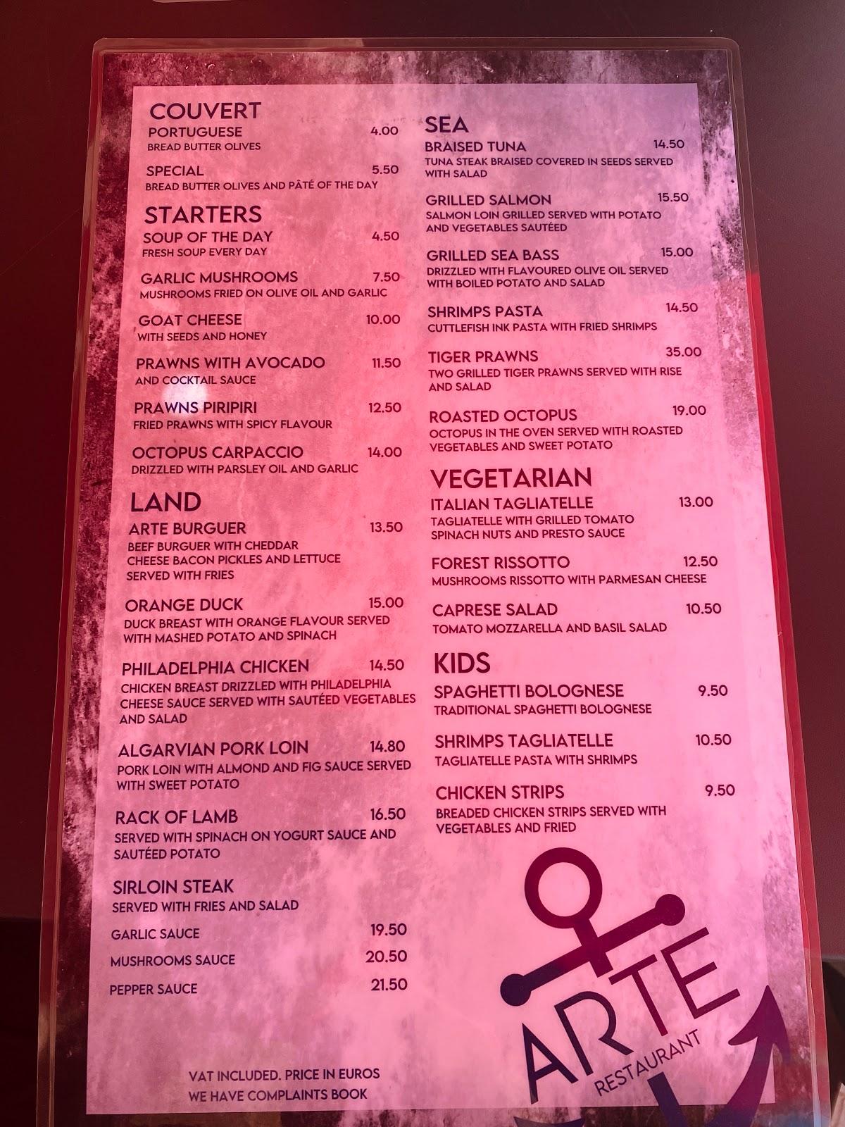 Menu at ARTE Restaurante, Praia da Luz