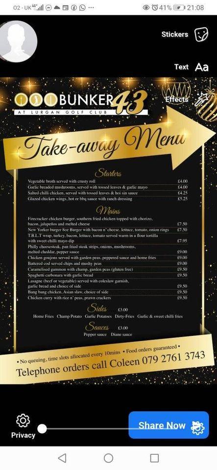 Menu at Bunker43 Lurgan pub & bar, Lurgan