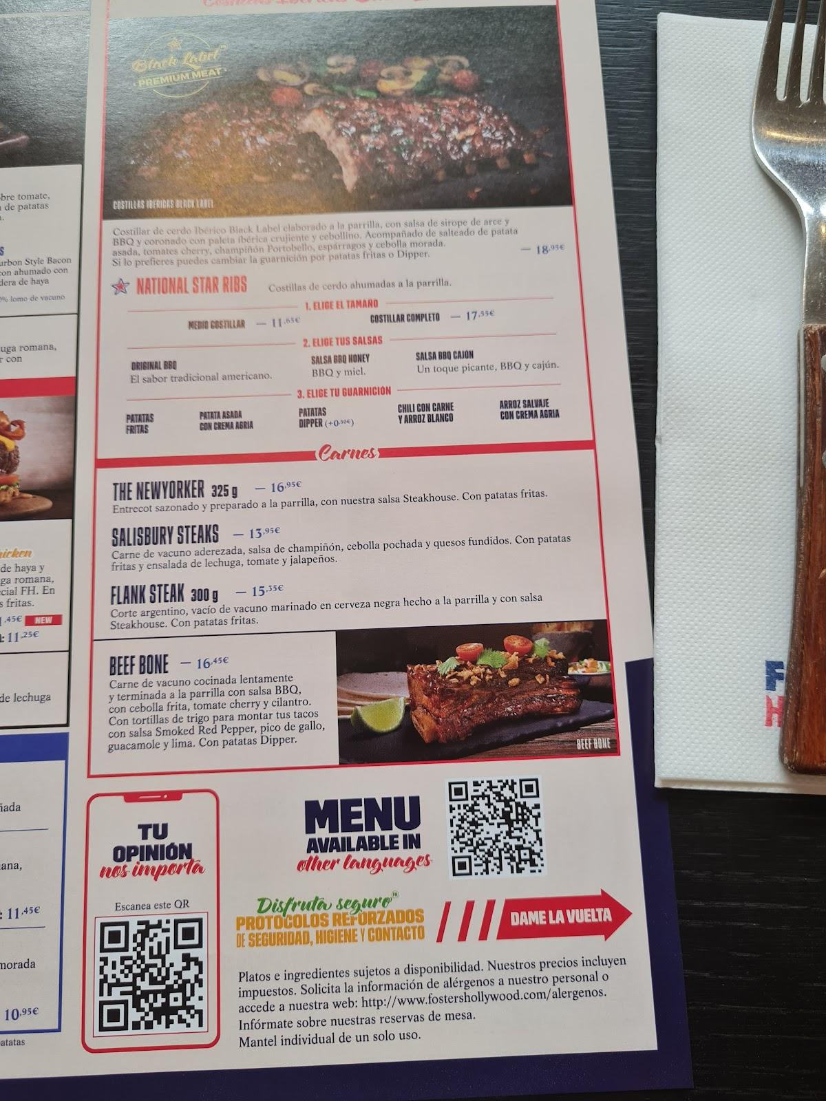 Carta del restaurante Foster's Hollywood, Tamaraceite