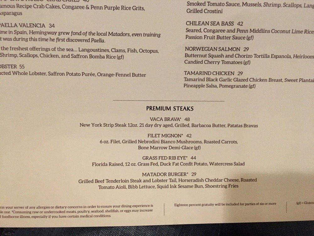 Menu at Hemingway's Restaurant, Orlando