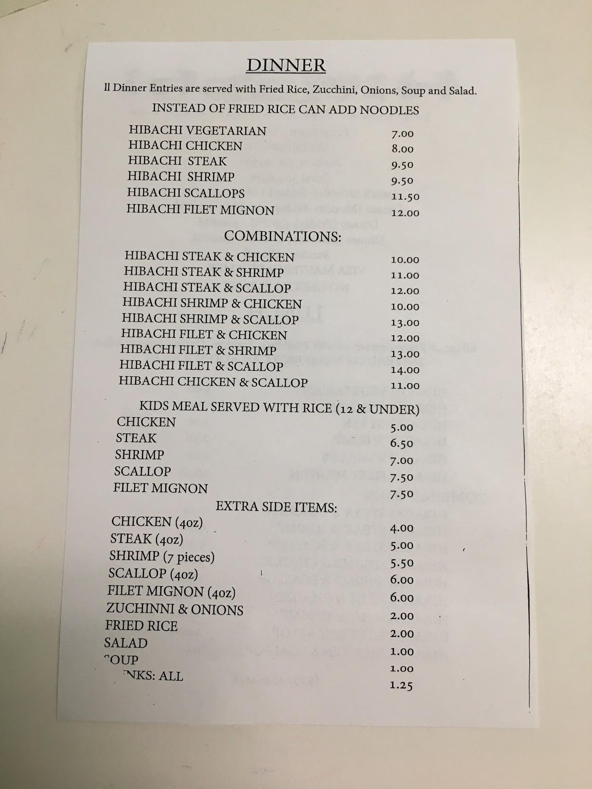 Menu at Hibachi restaurant, Mebane, 138 Millstead Dr