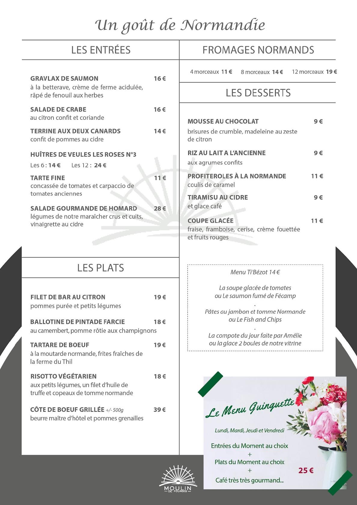 Menu au Le Moulin de Fourges restaurant, Fourges