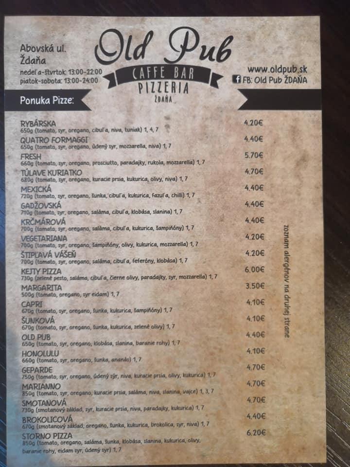 Menu at OLD PUB Zdana, Ždaňa