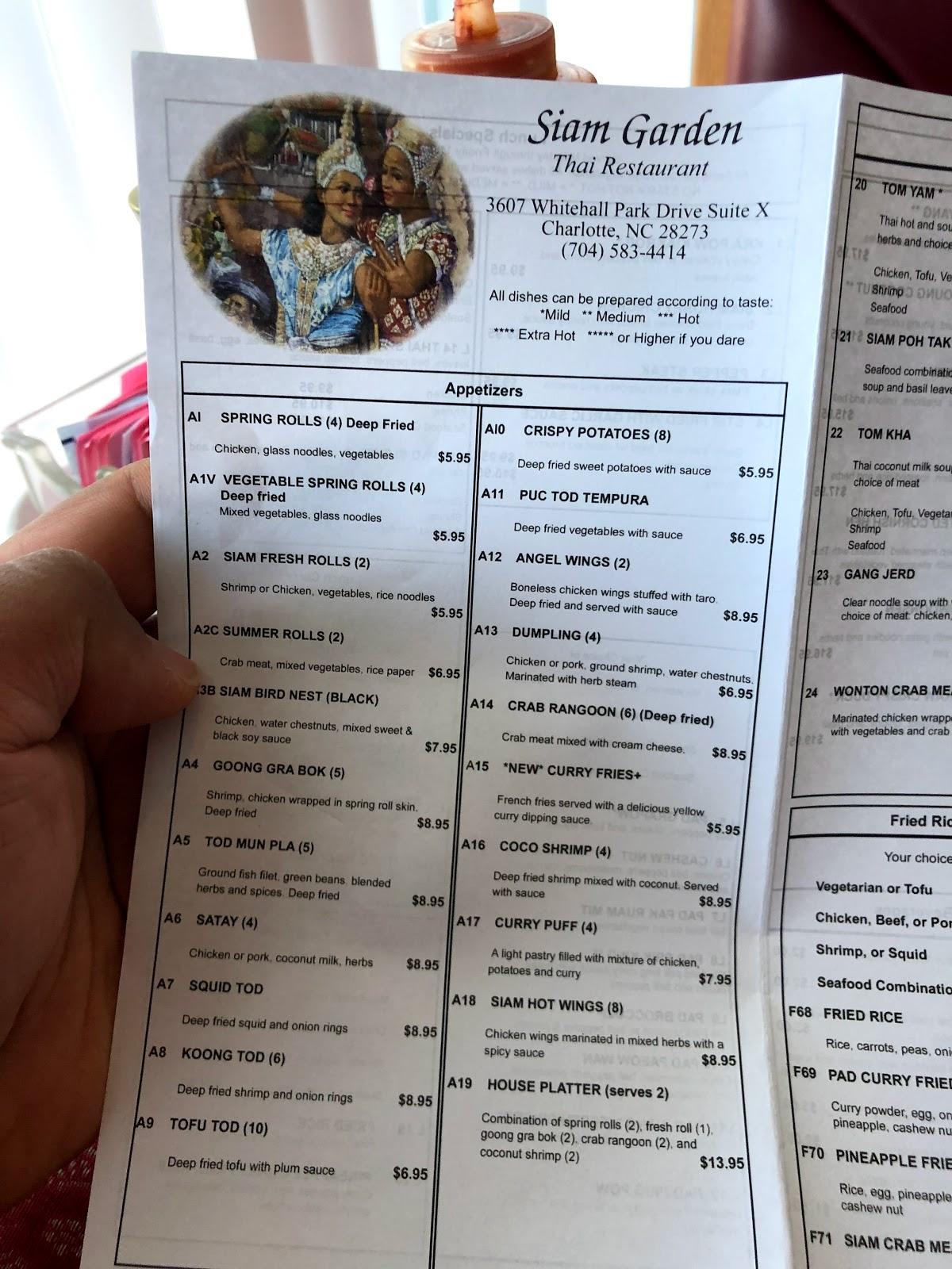 Carta del restaurante Siam Garden, Charlotte