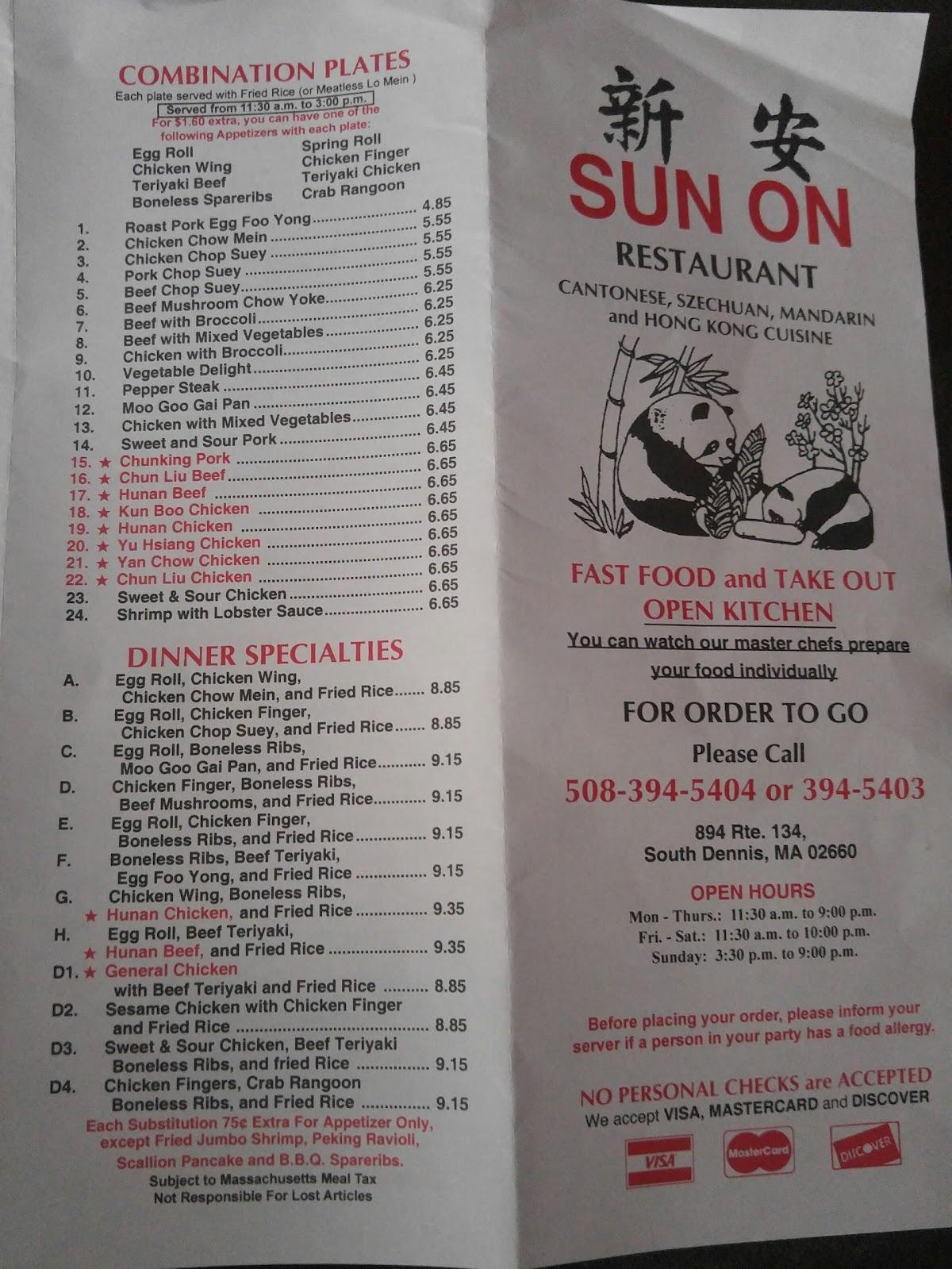 Menu at Sun On Chinese Restaurant, Dennis, 894 MA-134