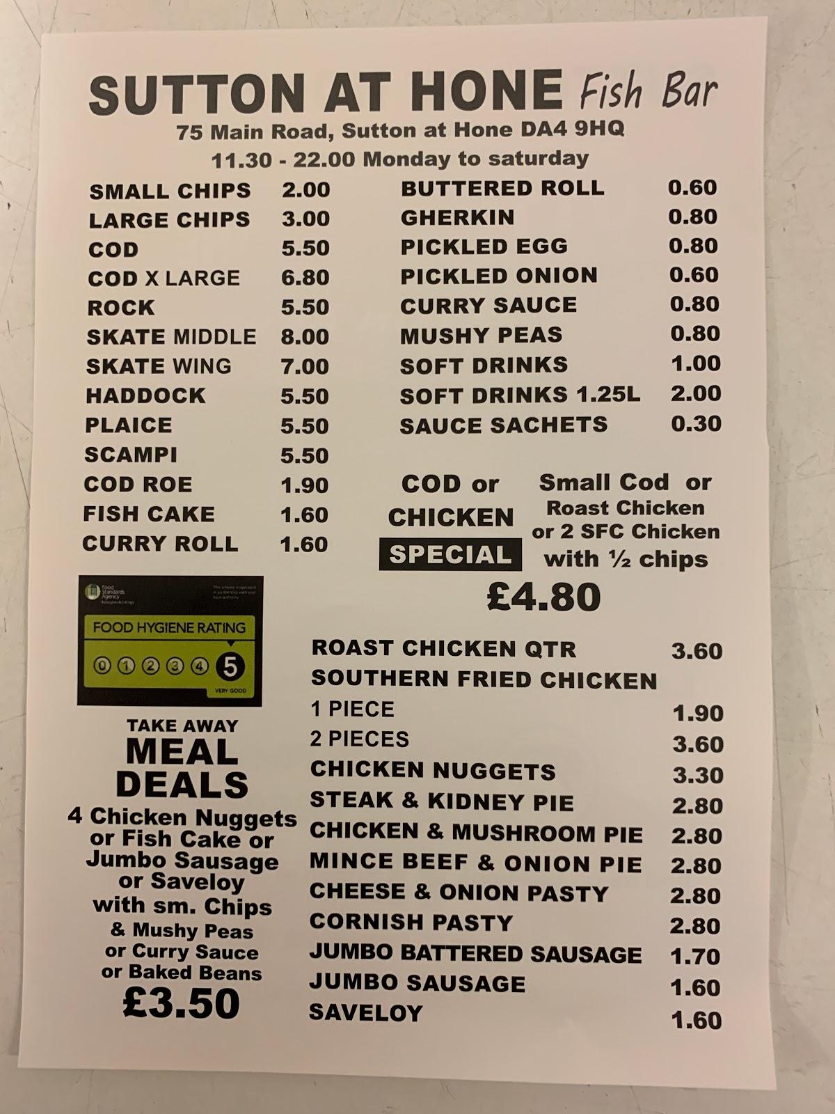 Menu at Sutton At Hone Fish Bar, Dartford, 75 Main Rd
