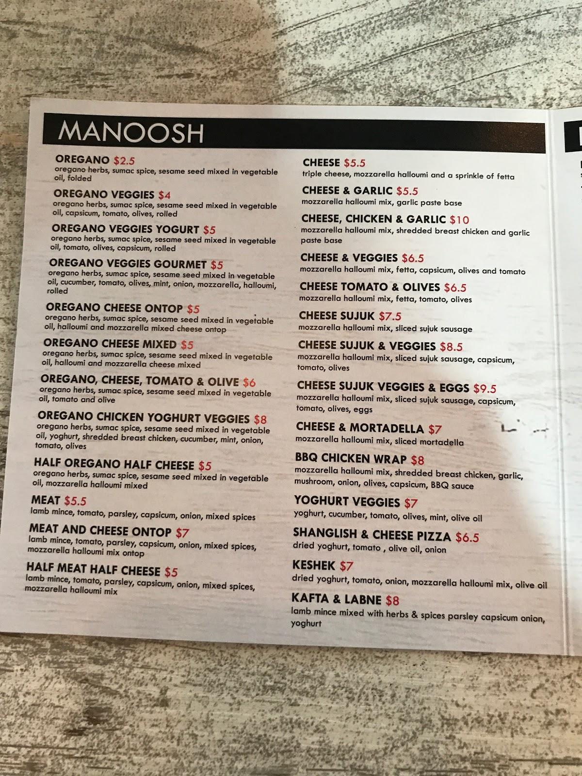 Menu at Sydney Manoosh Chipping Norton restaurant, Chipping Norton