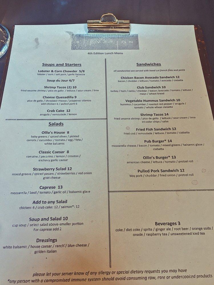 Menu at Elevation Restaurant, Pittsburgh