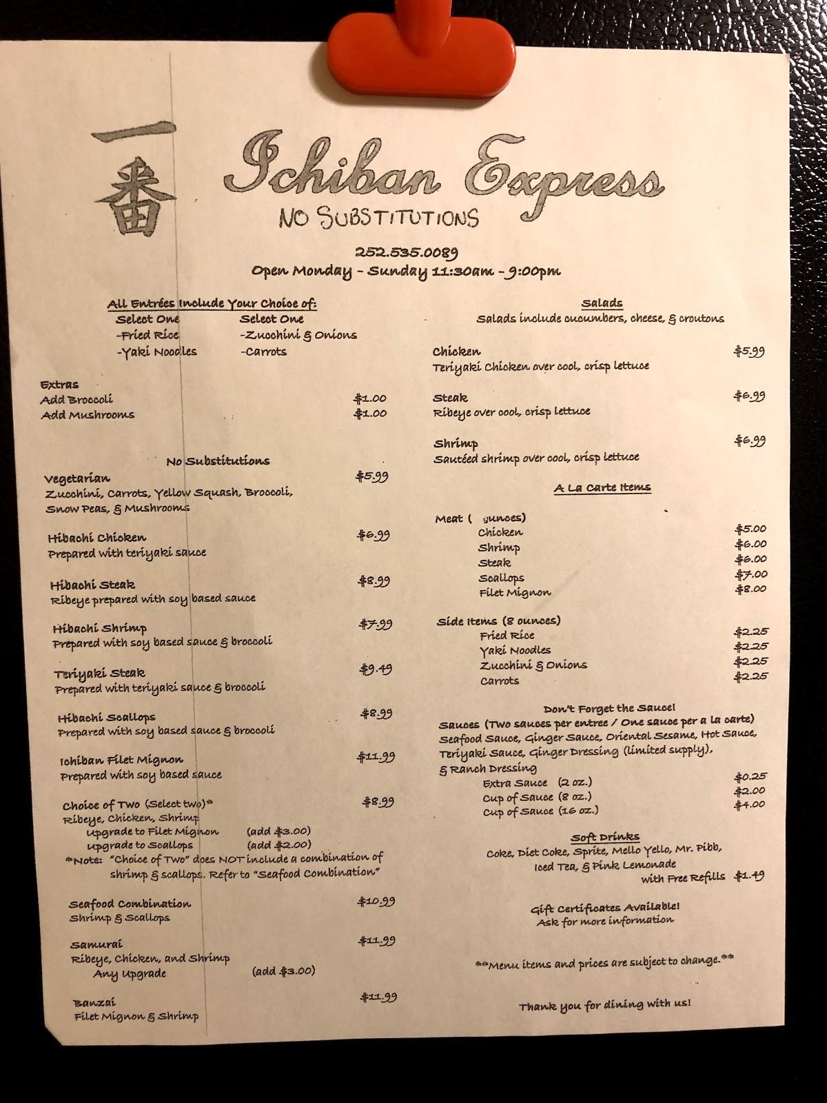 Menu at Ichiban Express Japanese Steak House steakhouse, Roanoke Rapids