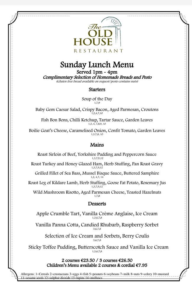 Menu at Old House Restaurant, Mullingar