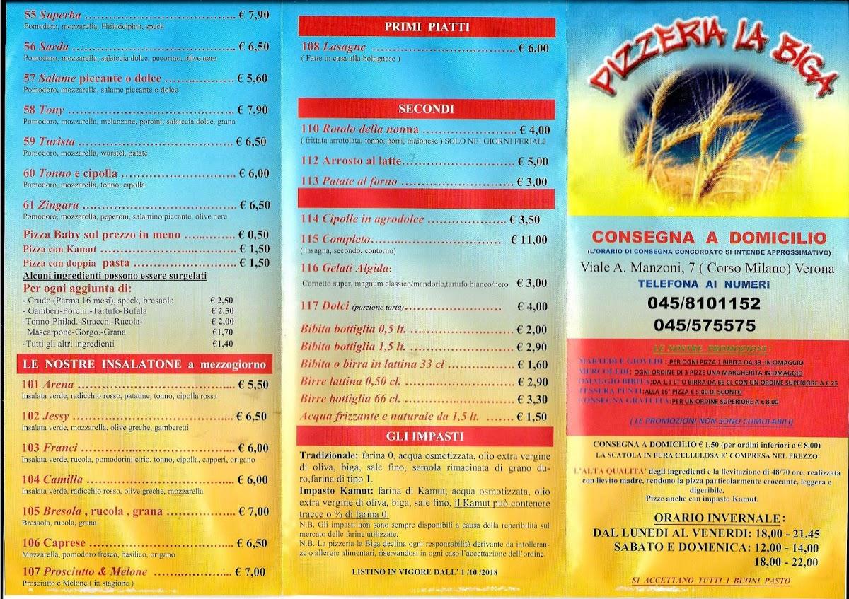 Menu at Pizzeria La Biga, Verona