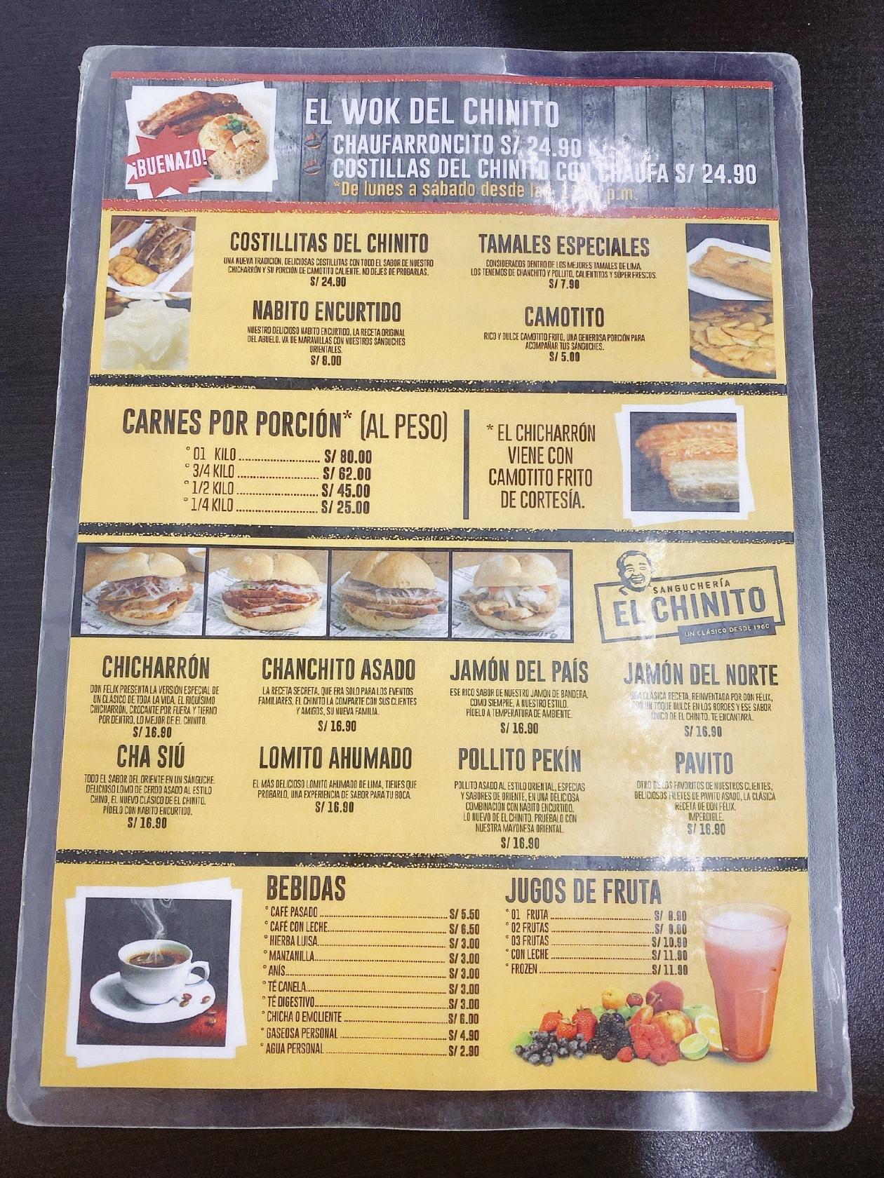 Menu at El Chinito restaurant, Miraflores, C. Grimaldo del Solar 113