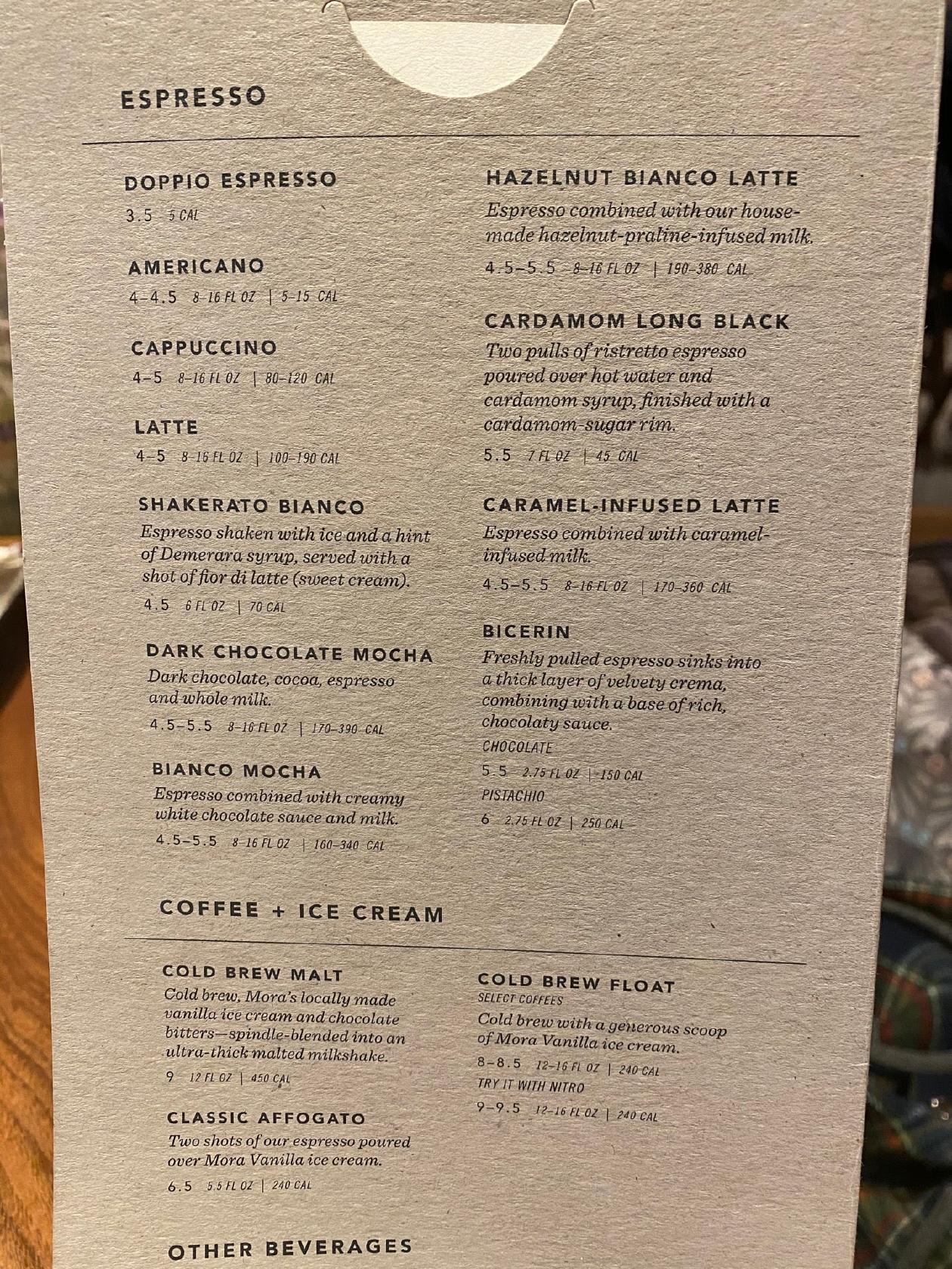 Menu at Starbucks Reserve Store cafe, Seattle, Utah Ave S