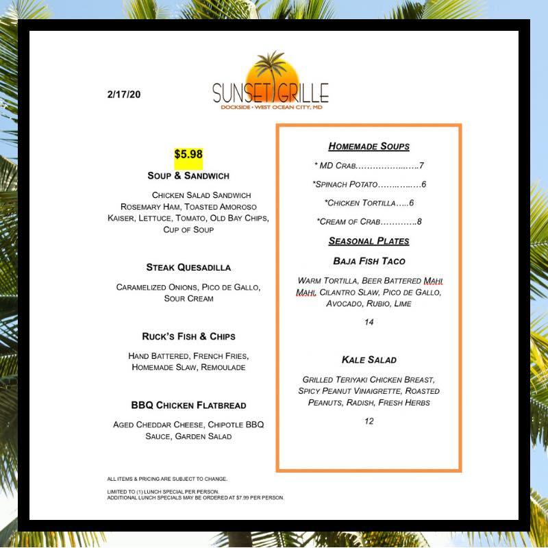 Menu at Sunset Grille pub & bar, Ocean City, Sunset Ave