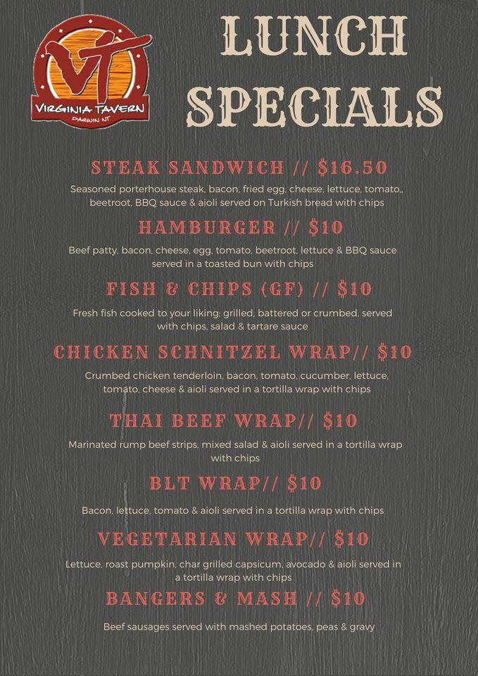 Menu at Virginia Tavern cafe, Howard Springs, Boomerang Motel Caravan ...