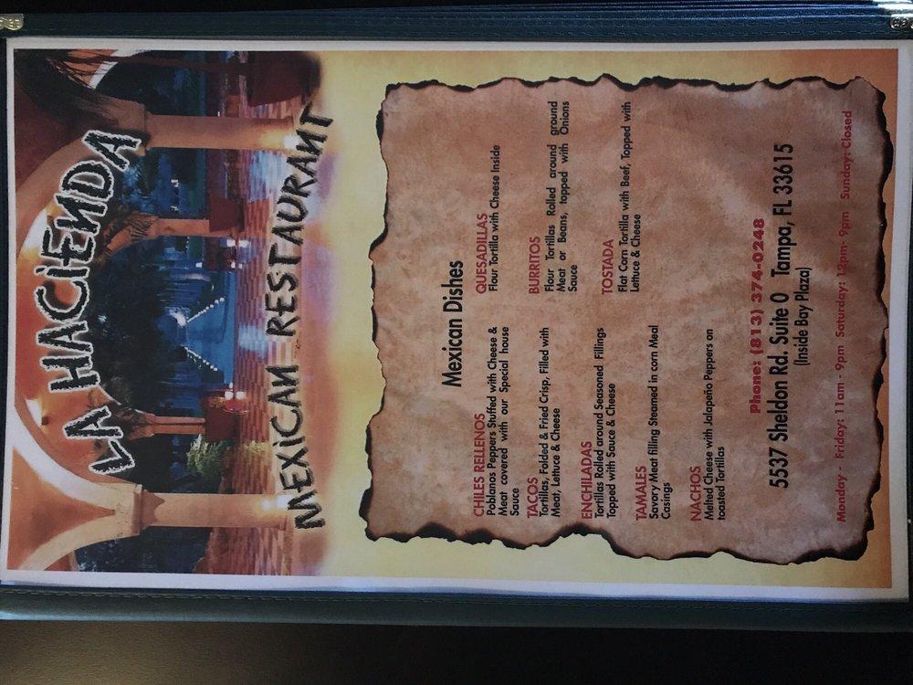 Menu at La Hacienda Mexicana restaurant, Tampa