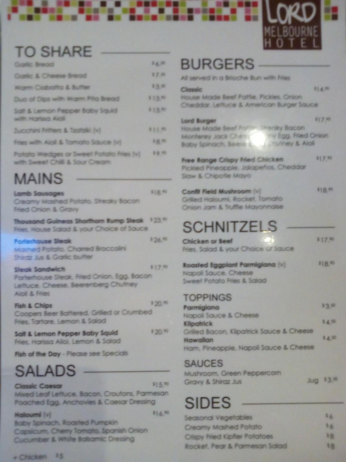 Menu at Lord Melbourne Hotel restaurant, North Adelaide