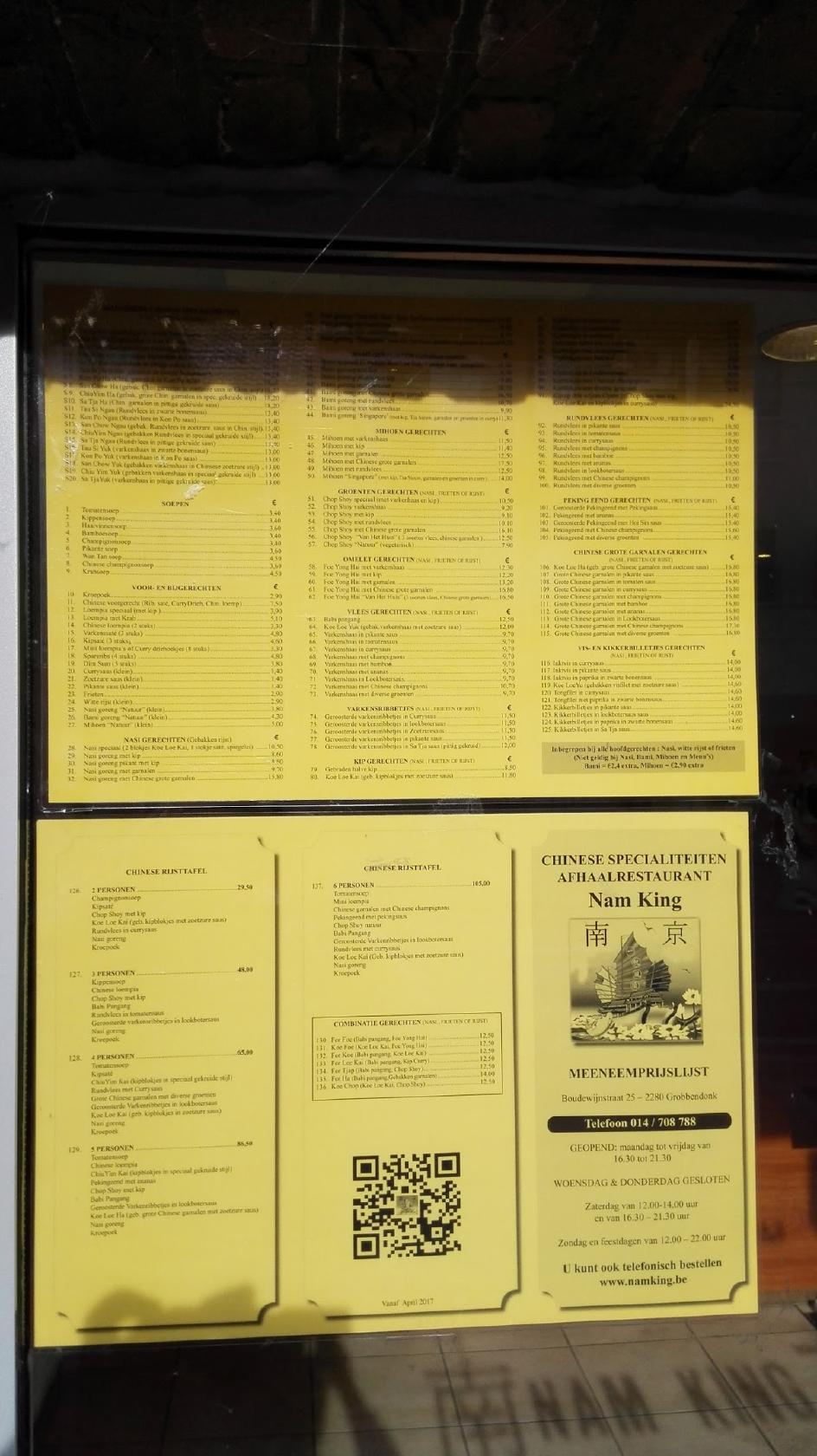 Speisekarte von Nam King, Grobbendonk