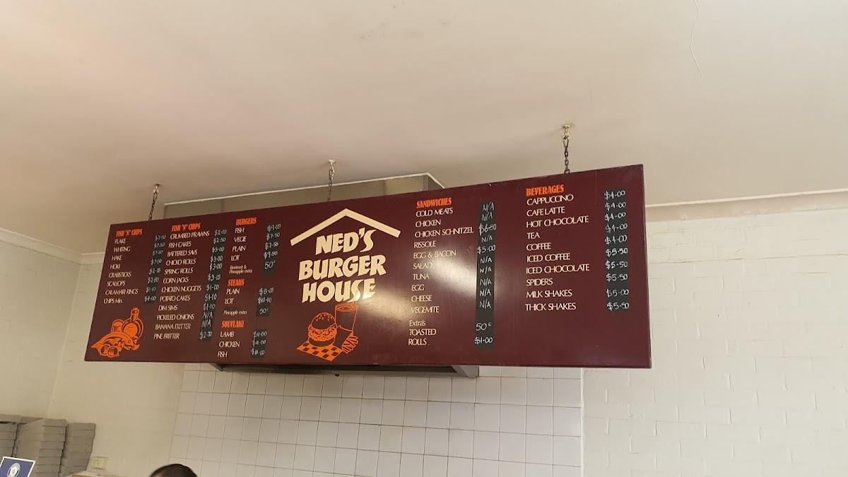 Menu at Ned's Burger House fast food, Glenrowan