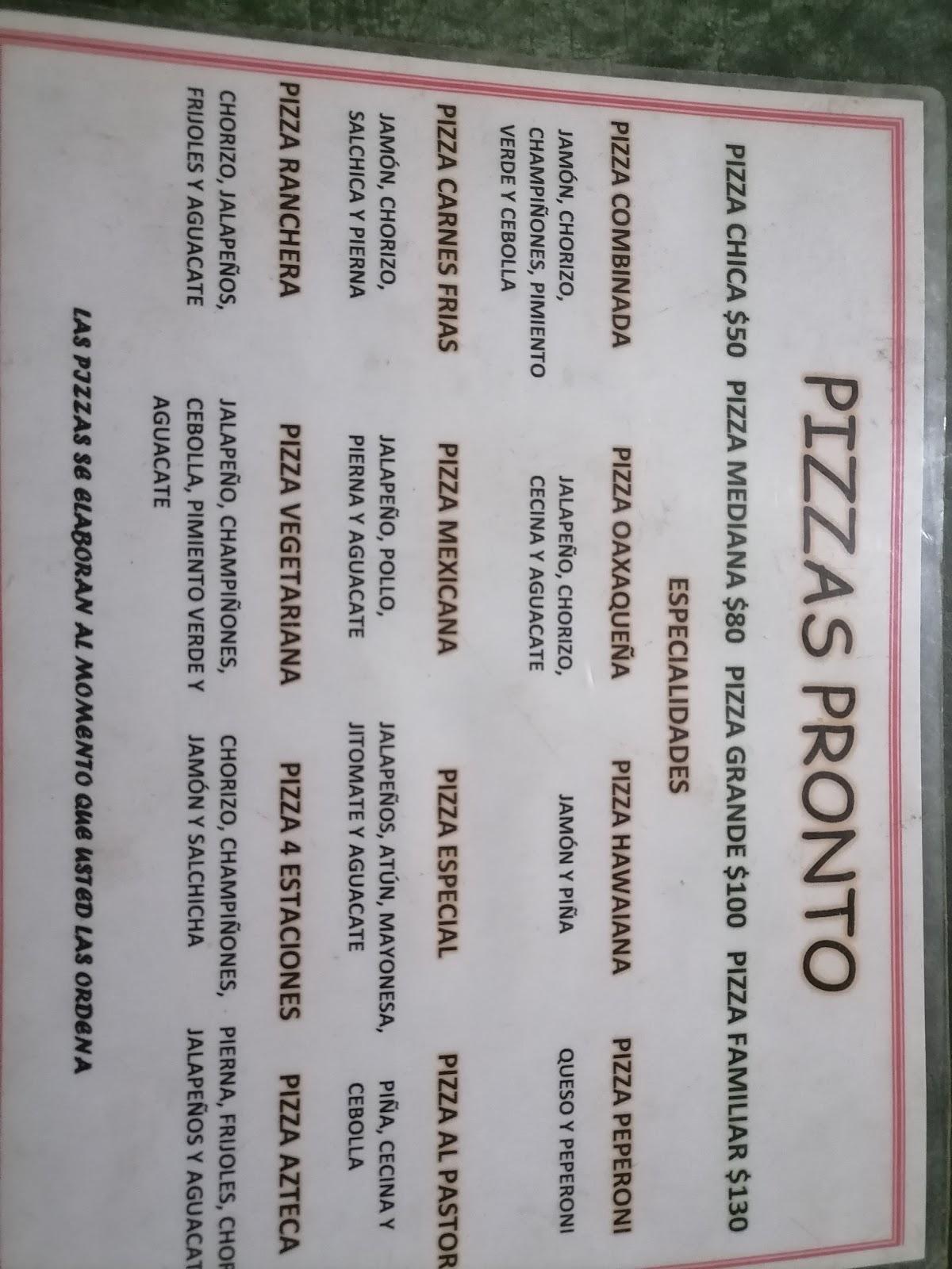 Menu at Pizzas Pronto restaurant, San Francisco Telixtlahuaca