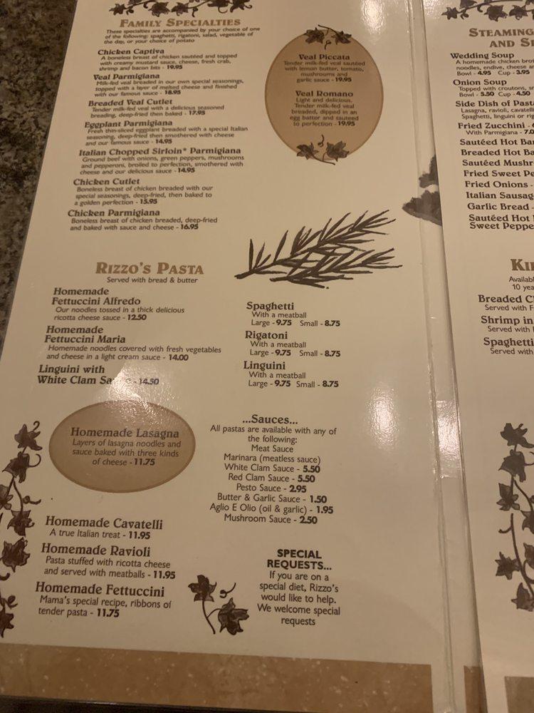 Menu at Rizzo's of Windber restaurant, Windber
