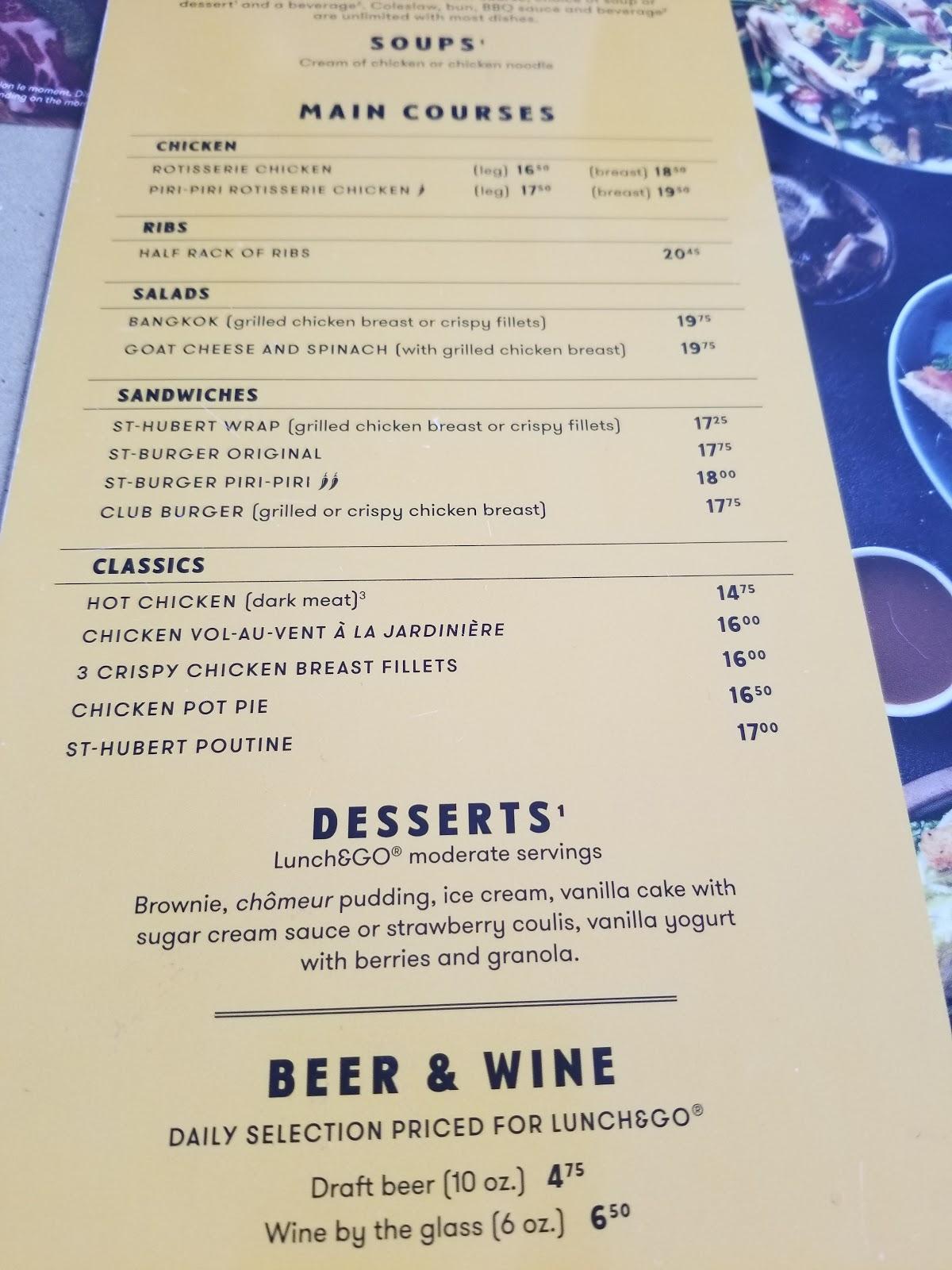 Menu at Rôtisserie St-Hubert restaurant, Ottawa, St. Laurent Blvd