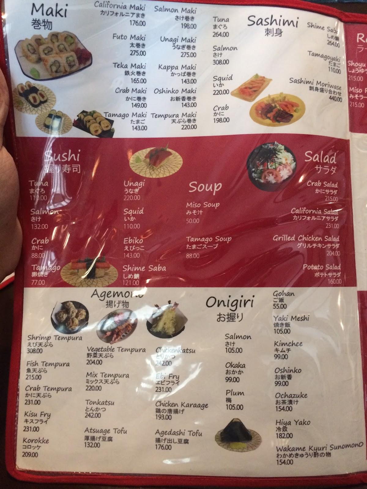 Menu at Hana Japanese restaurant, Pagsanjan, National Hwy