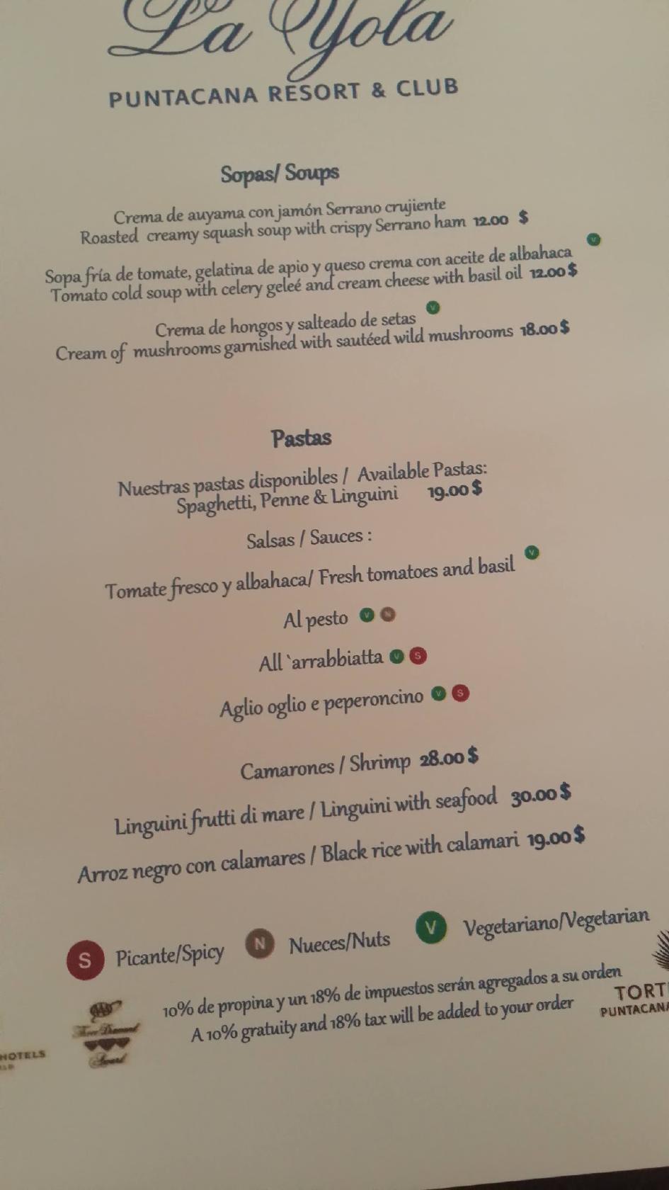 Menu at La Yola restaurant, Punta Cana, GJ3F+WH8