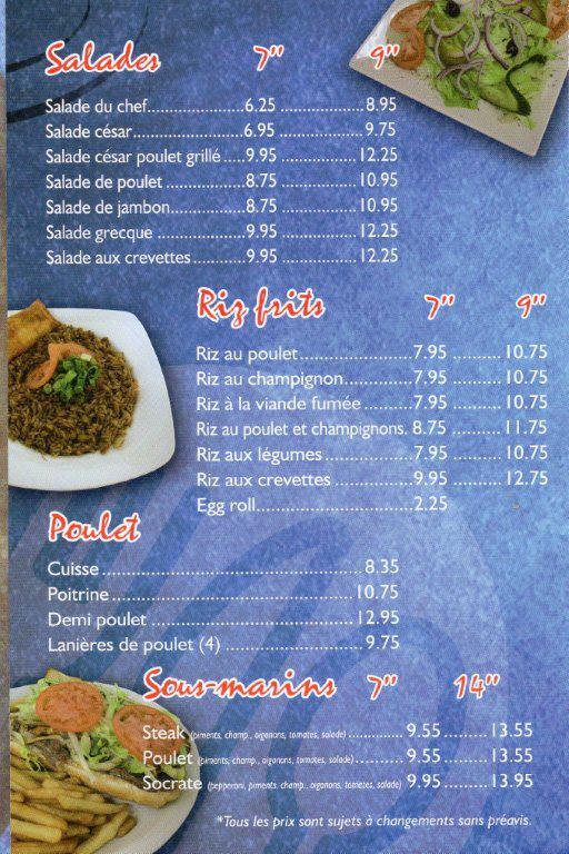 Menu at Socrate pizzeria, Shawinigan