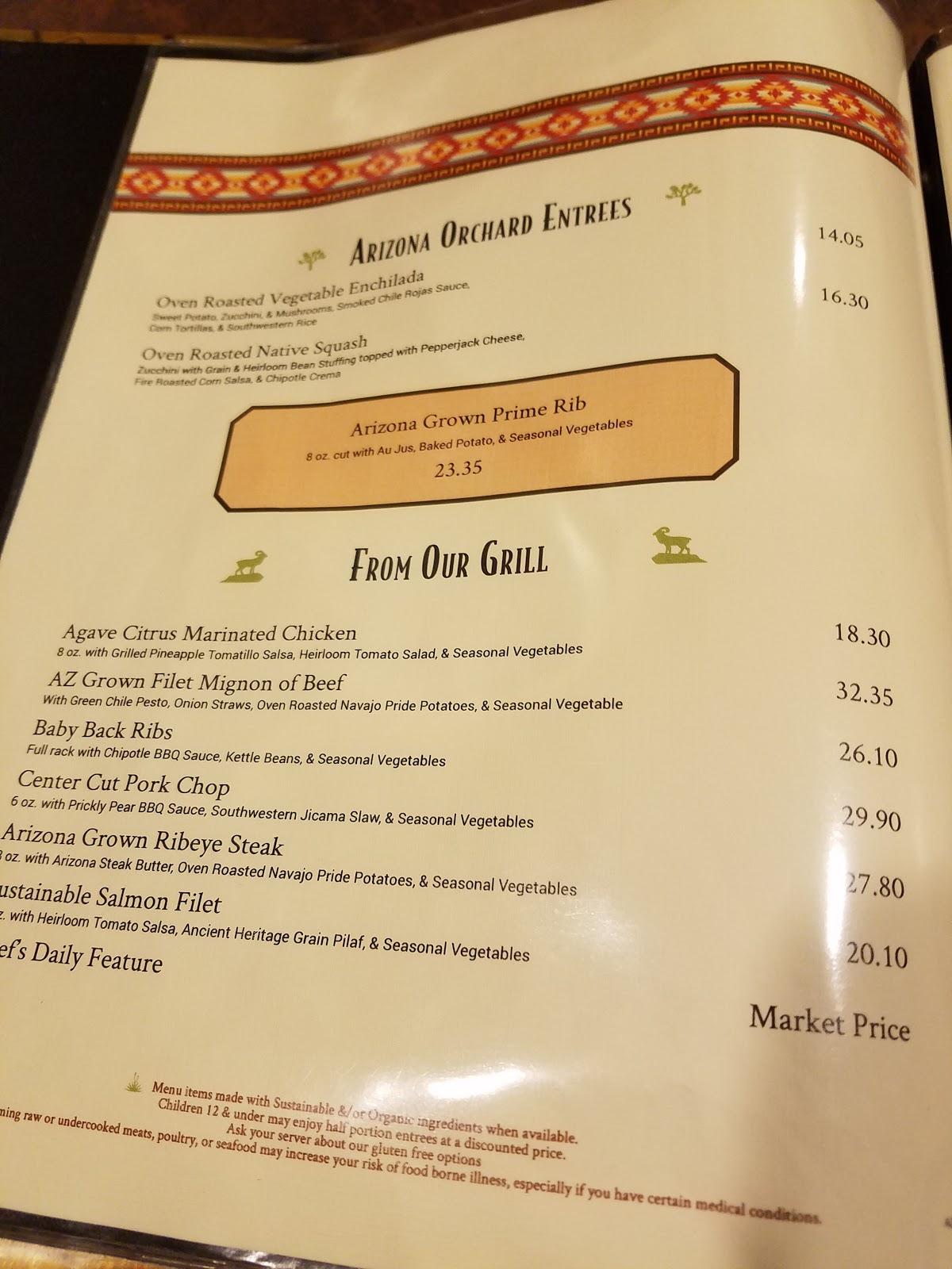 Menu at Arizona Steakhouse, Grand Canyon Village