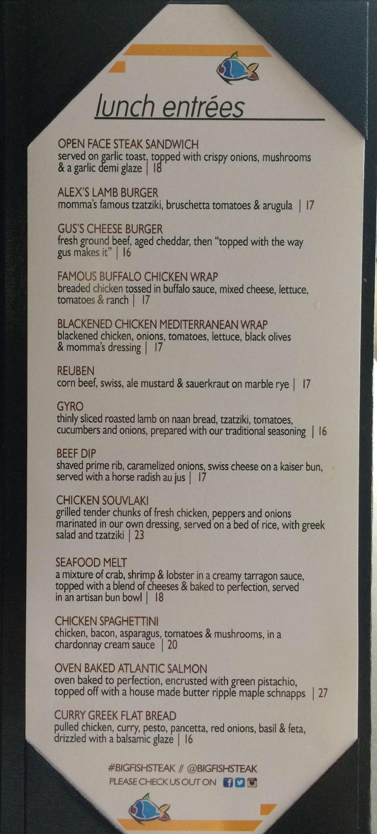 Menu at Big Fish Steak & Lounge steakhouse, Sarnia