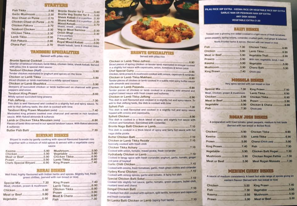 Menu at Bronti Balti House fast food, Keighley