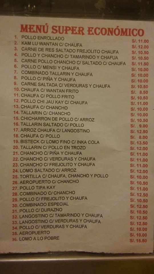 Menu at Chifa restaurant, Santa Anita