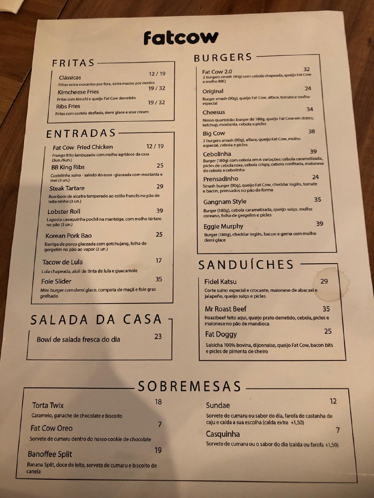 Menu at Fat Cow restaurant, São Paulo