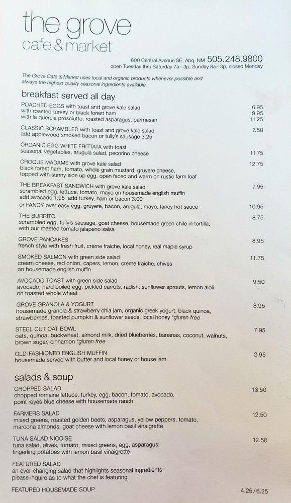 Menu at The Grove Cafe & Market, Albuquerque