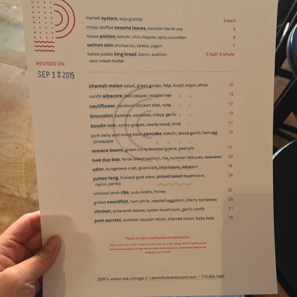 Menu at Parachute restaurant, Chicago